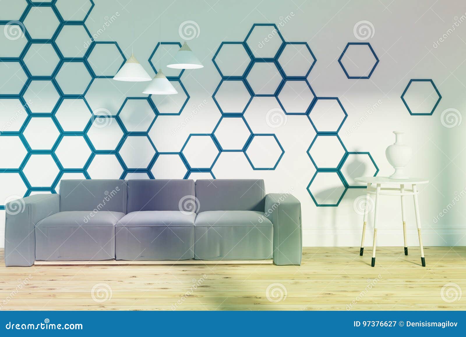 Gray Sofa in a Hexagon Pattern Living Room Stock Illustration ...