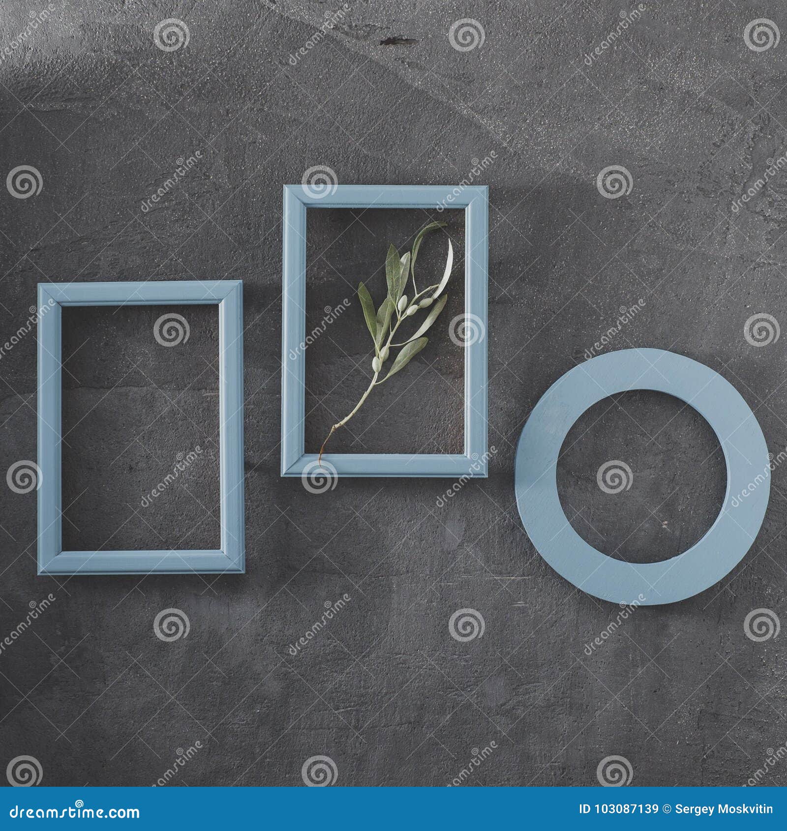 Gray Square and Round Frames on a Wooden Surface. Stock Image - Image ...