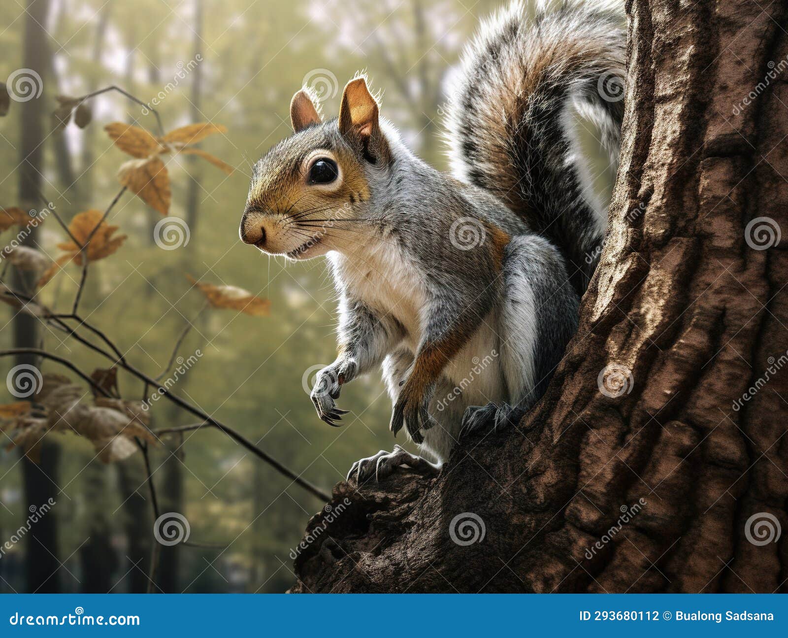 Gray Squirrel on Tree Trunk Stock Illustration - Illustration of tree ...