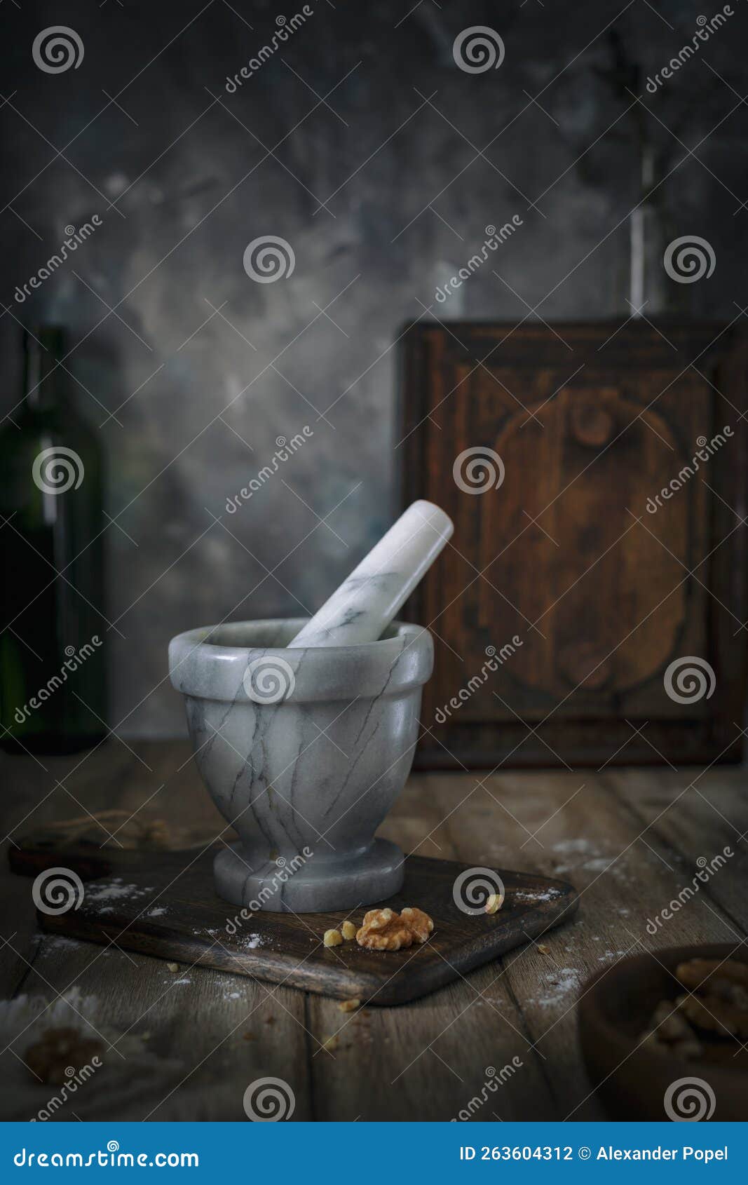 Gray Stone Mortar on a Rustic Table Stock Photo - Image of iron, drink ...