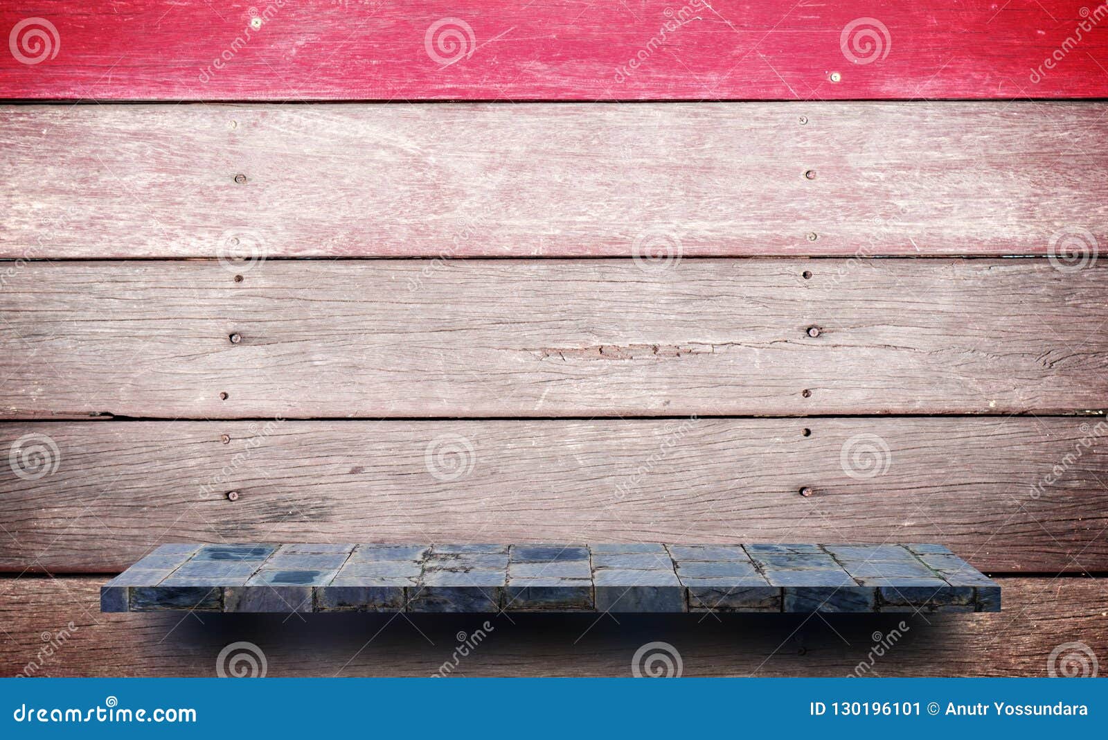 Stone Rock Shelf on Wood with Red Stripe Stock Image - Image of shelf ...