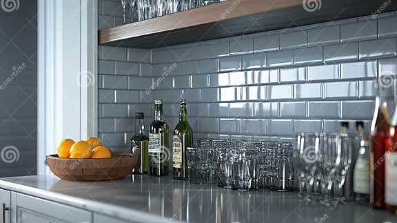 Gray Subway Tile Backsplash in Modern Kitchen Stock Image - Image of ...