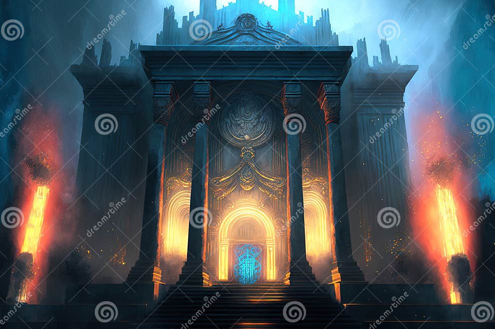 The Gray Temple Has Three Yellow, Blue, and Red Lights. Illustration ...