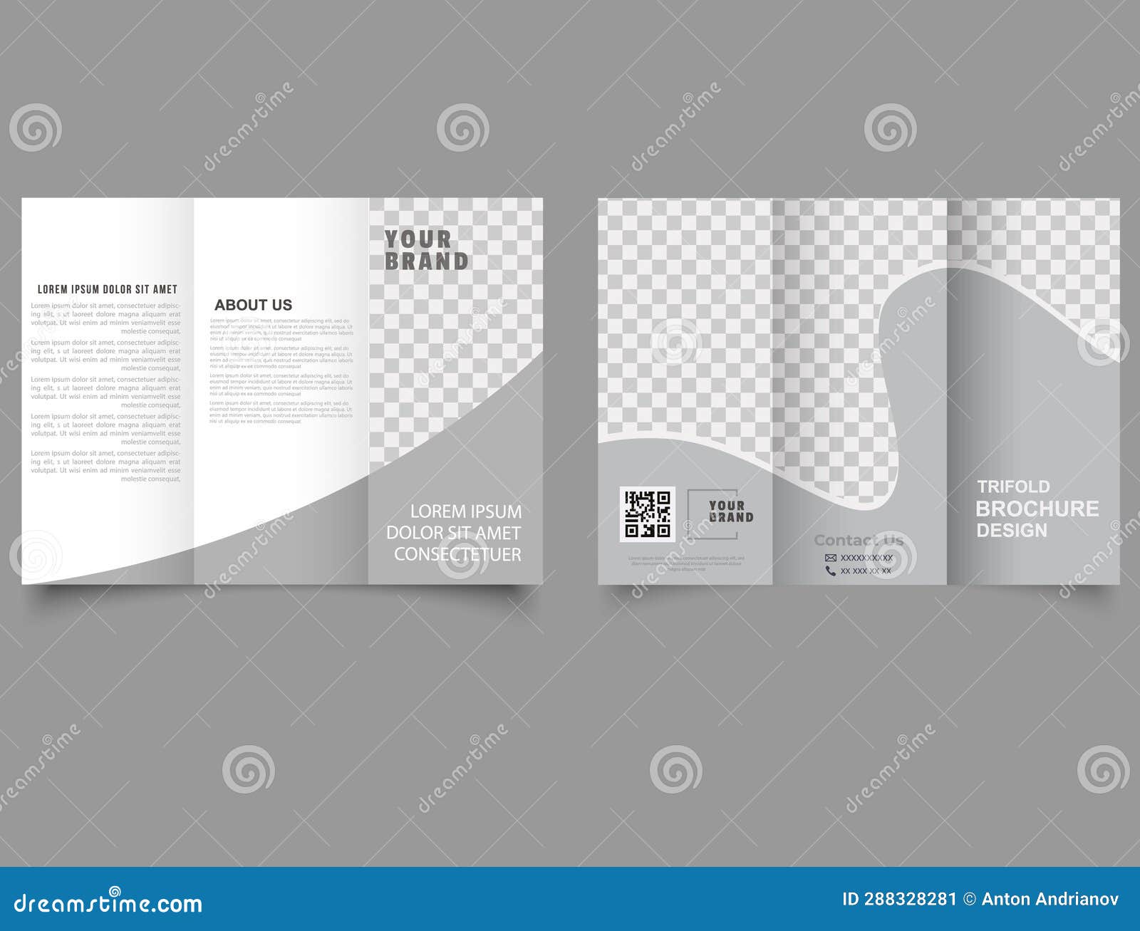 Gray Trifold Brochure with Gray Waves. Vector Editable Template. Business Tri-Fold Brochure ...