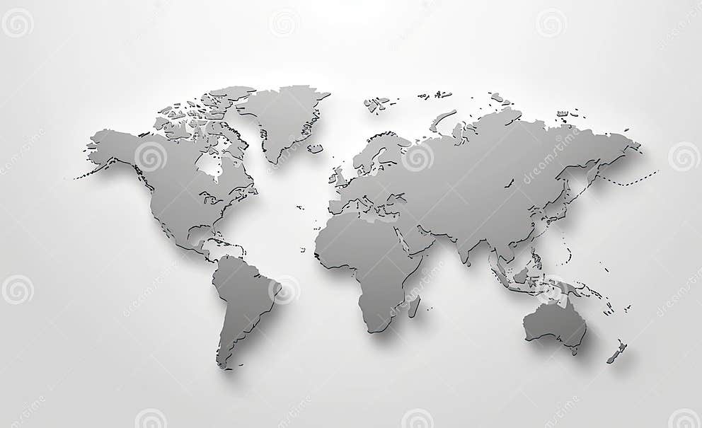 A Gray and White World Map with a Shadow on a White Background Stock ...