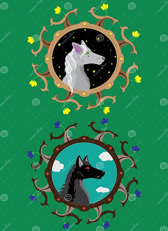 Gray she-wolf and Black Wolf. Stock Vector - Illustration of stars ...