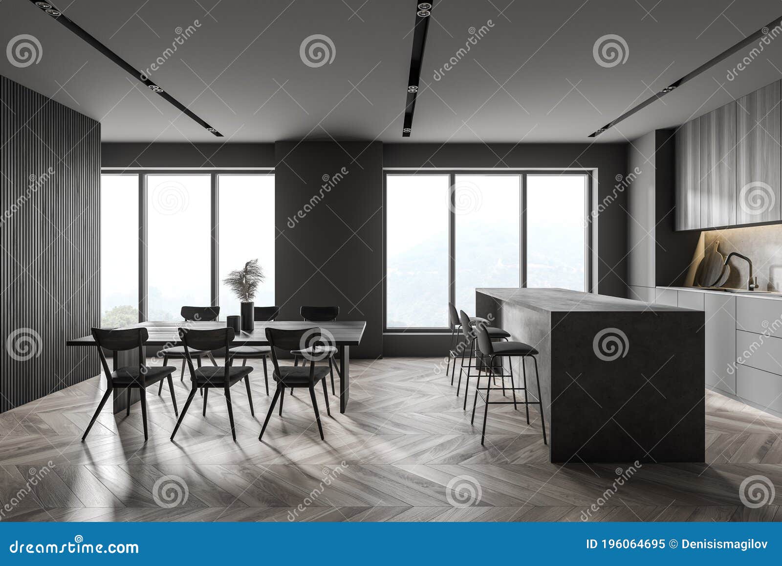 Gray and Wooden Kitchen with Table, Side View Stock Illustration ...