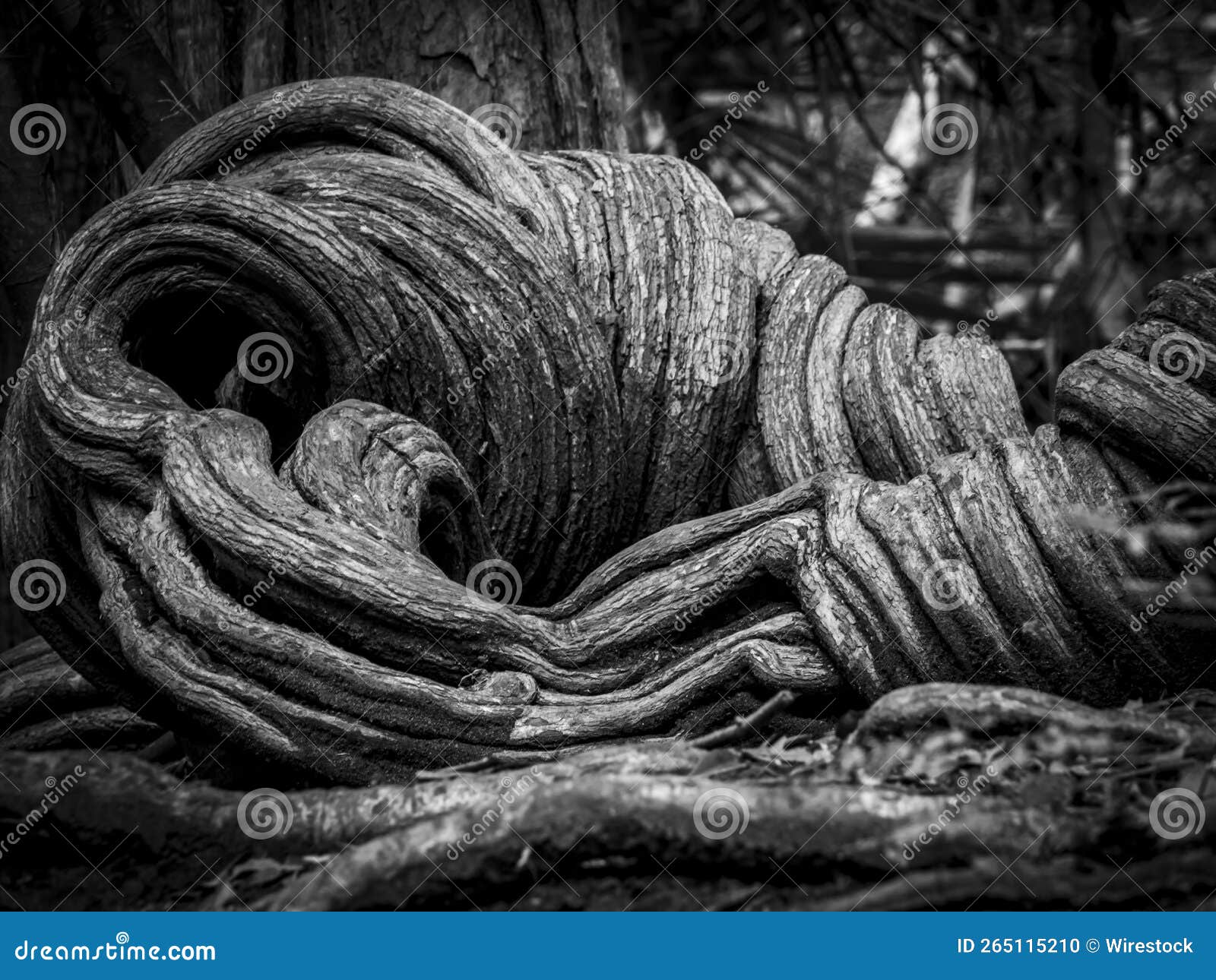 Grayscale Close-up View of a Twisted Tree Trunk in the Woods Stock ...