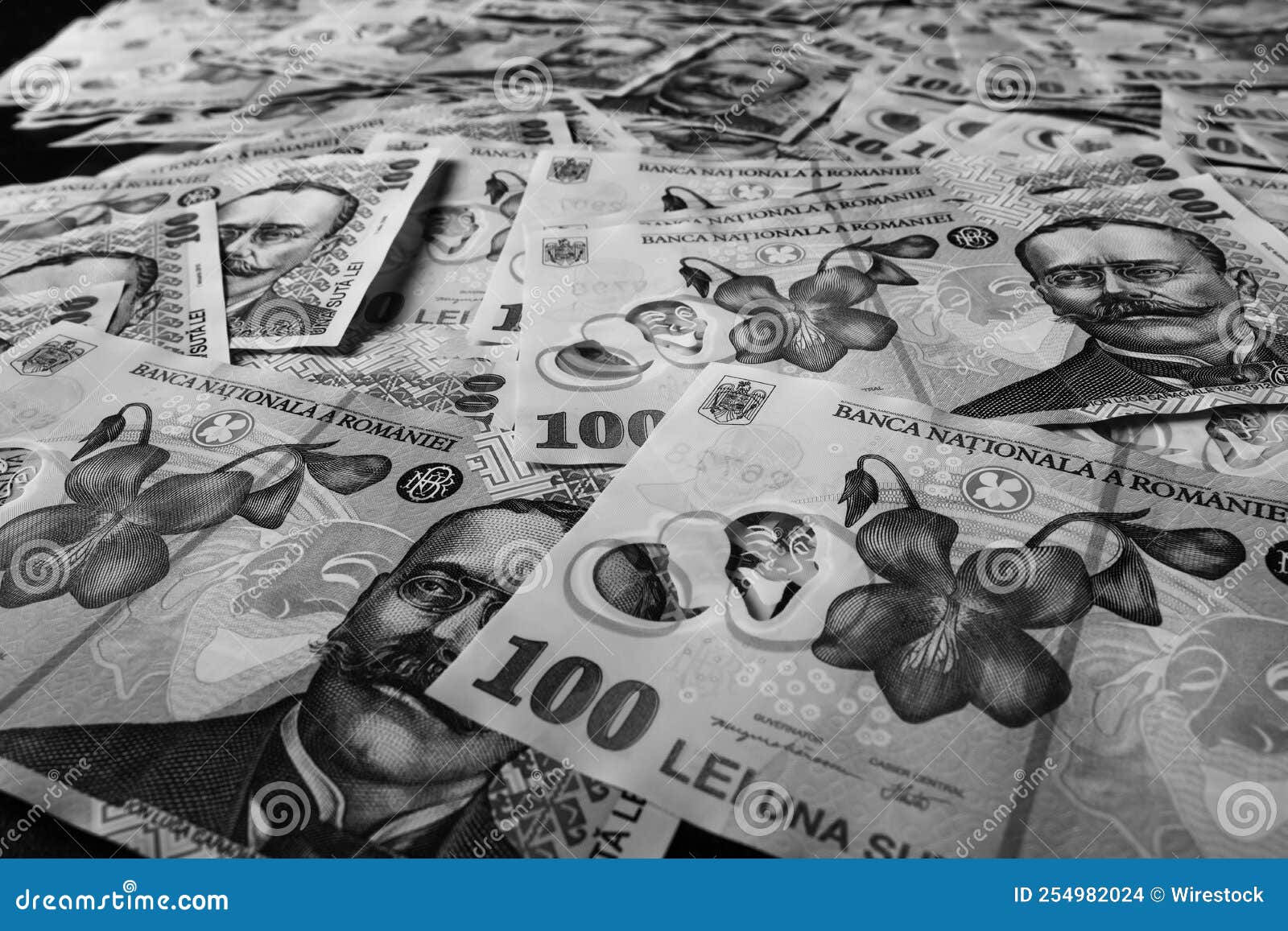 Grayscale Closeup Shot of 100 Leu Romanian Banknotes Stock Photo ...