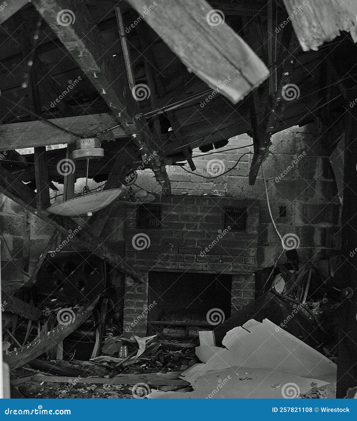 Grayscale of a Collapsed Ceiling of an Abandoned House with Ruins on ...