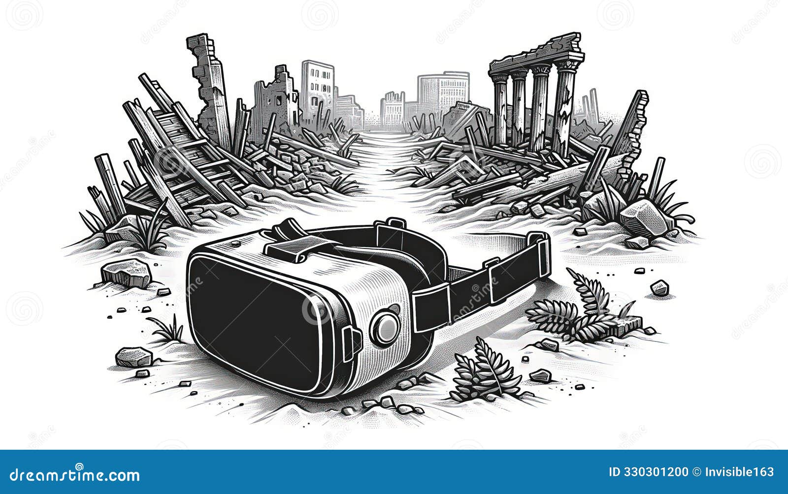 A Grayscale Doodle Illustration of a VR Headset Lying in the Dust of a ...