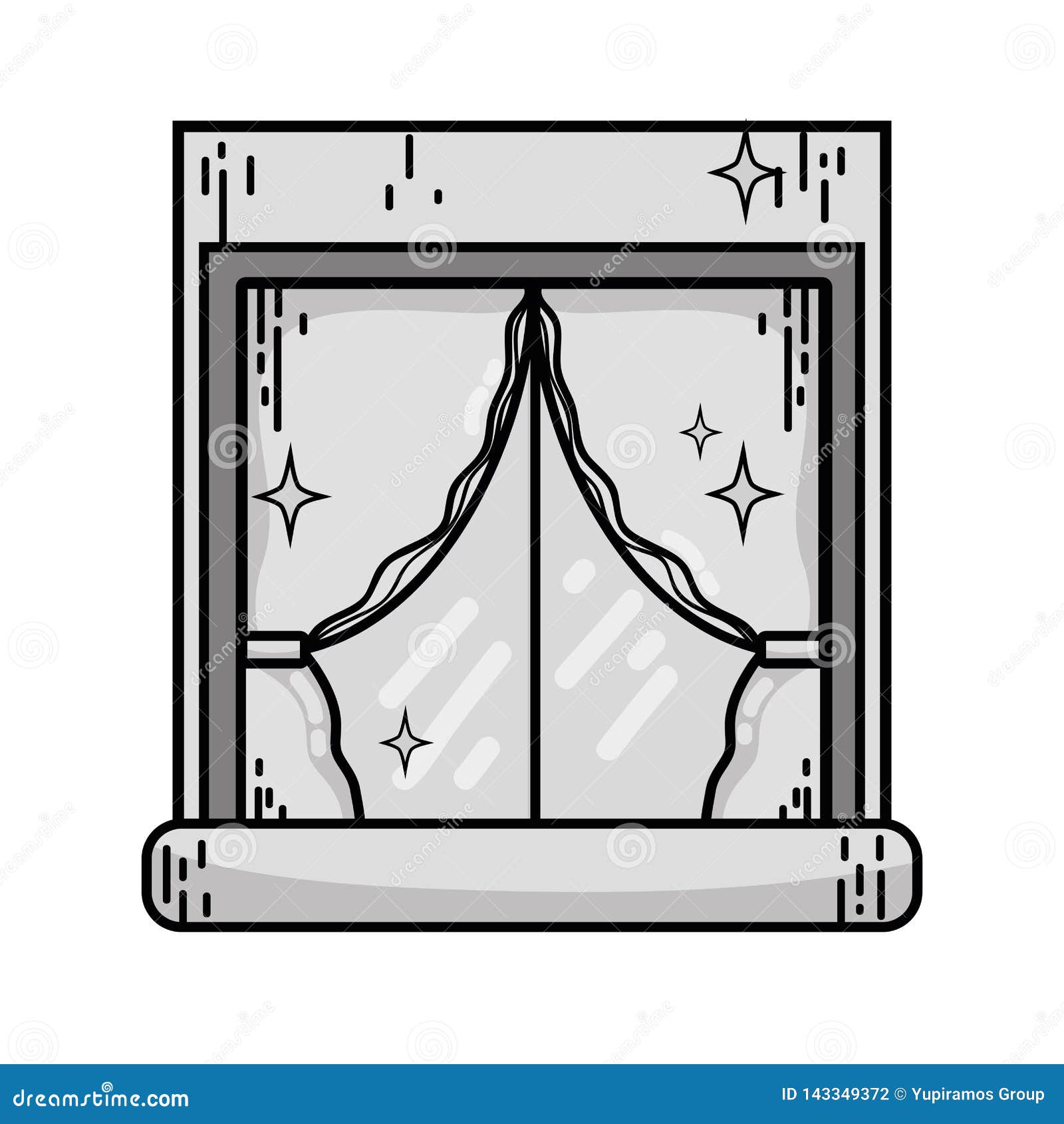 Grayscale House Window Clean with Curtains Design Stock Vector ...