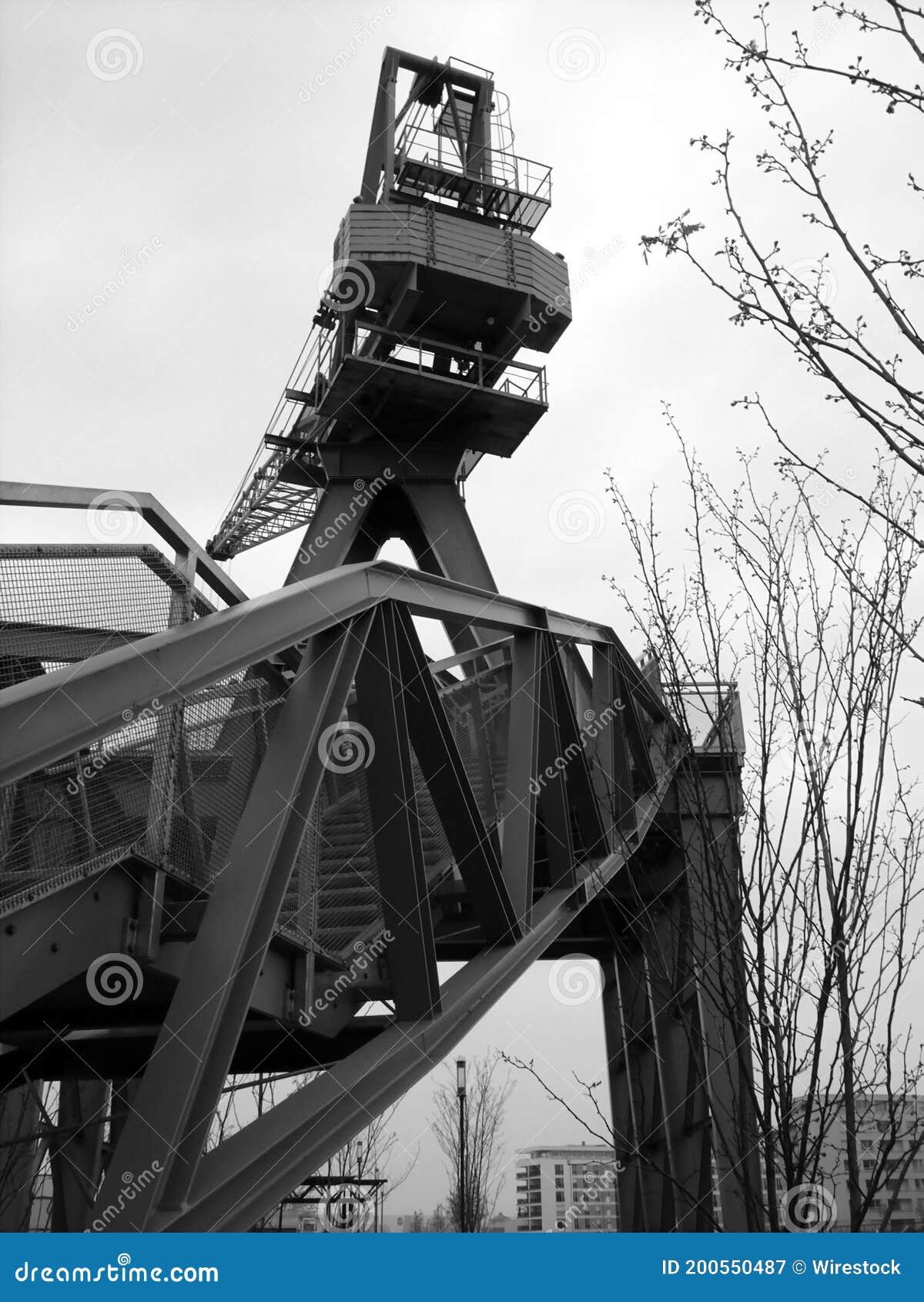 Grayscale Low Angle Shot of Harbor Crane Stock Image - Image of boat ...