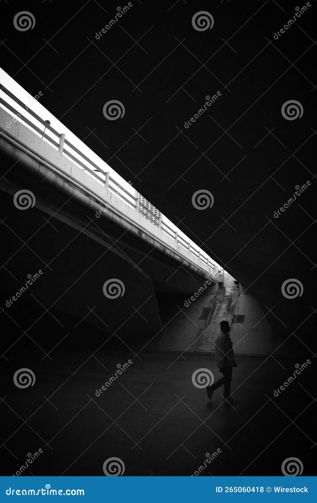 Grayscale of a Man Walking on a Pedestrian Walkway Under a Bridge Stock ...
