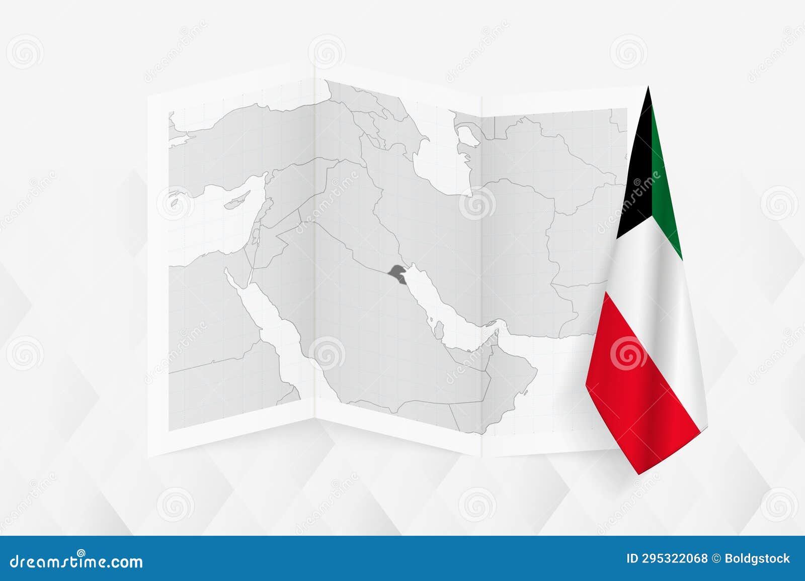 A Grayscale Map of Kuwait with a Hanging Kuwaiti Flag on One Side ...