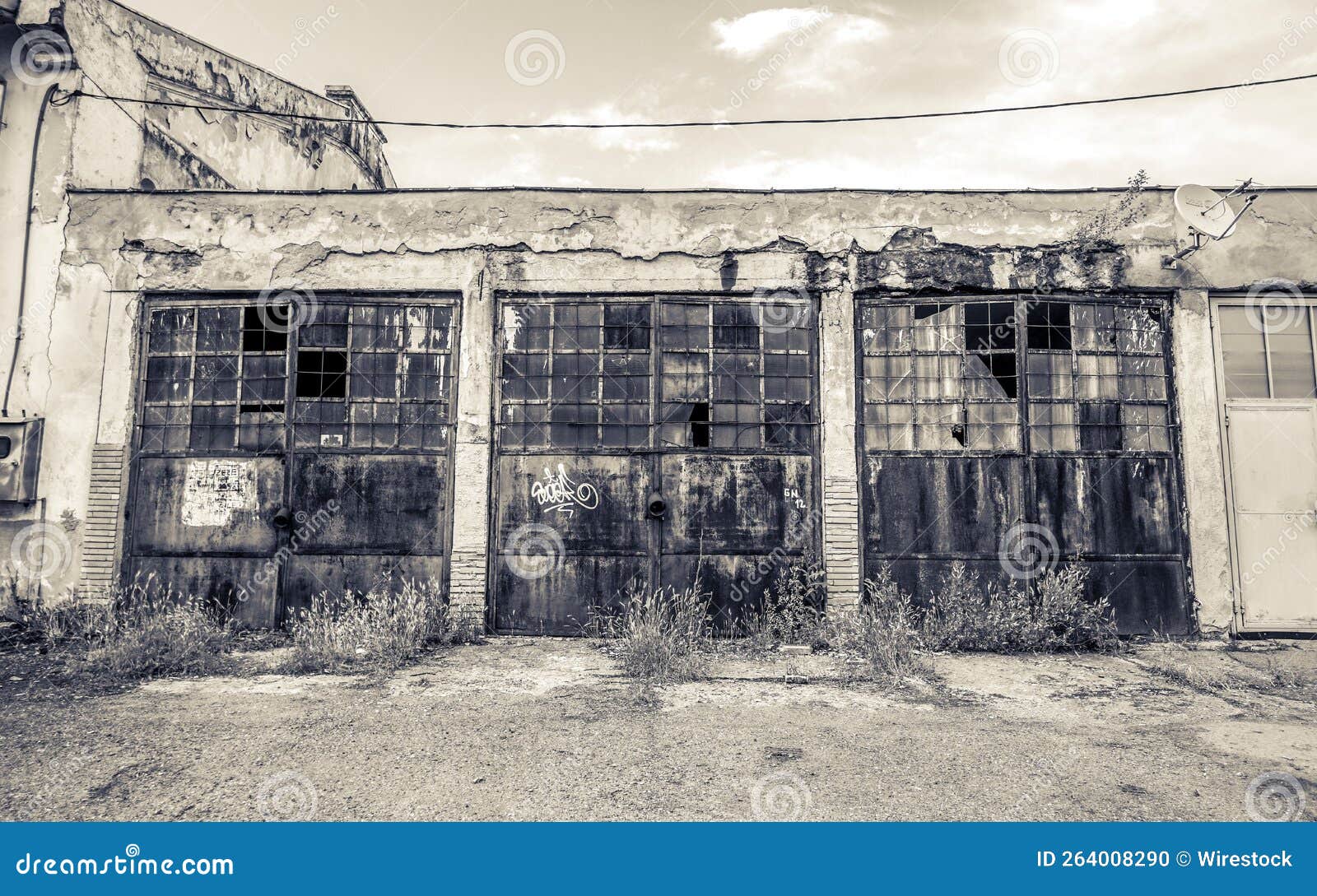 Grayscale of an Old, Wrecked Warehouse Building Against the Sky ...