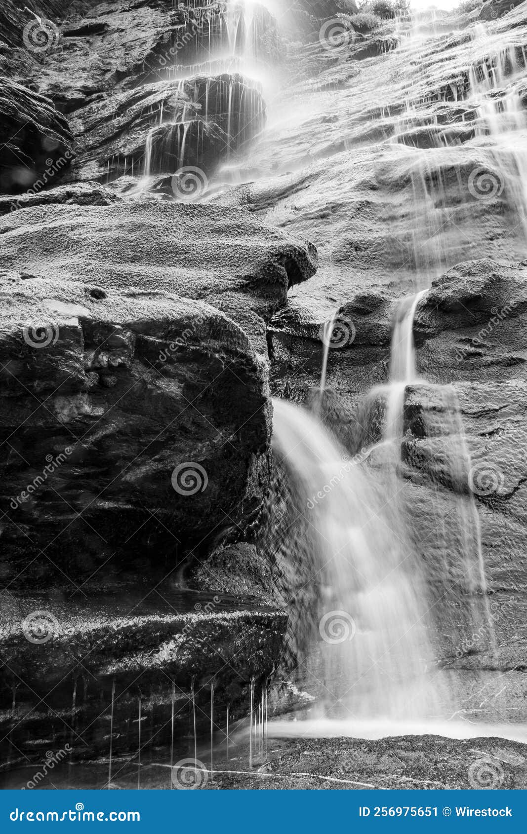 Grayscale of Rocky Waterfall, Long Exposure Stock Image - Image of ...