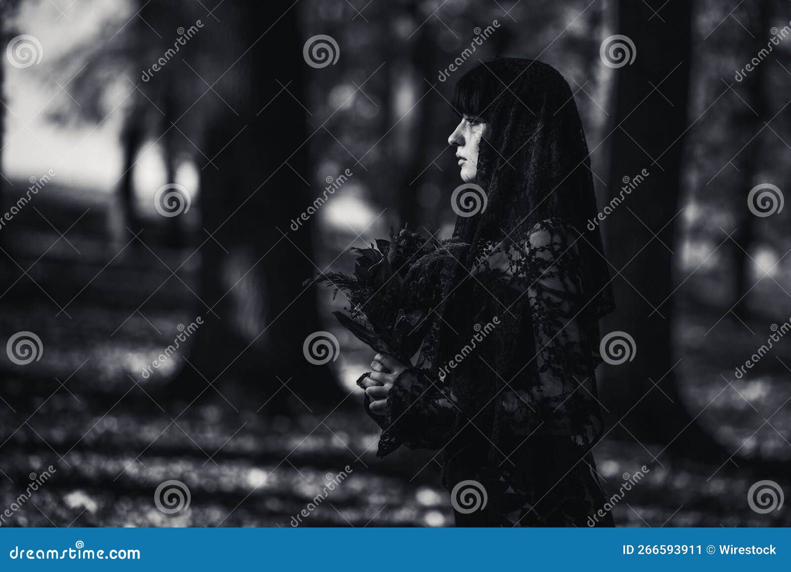 Grayscale of a Scary Corpse Bride in the Autumn Forest Stock Image ...