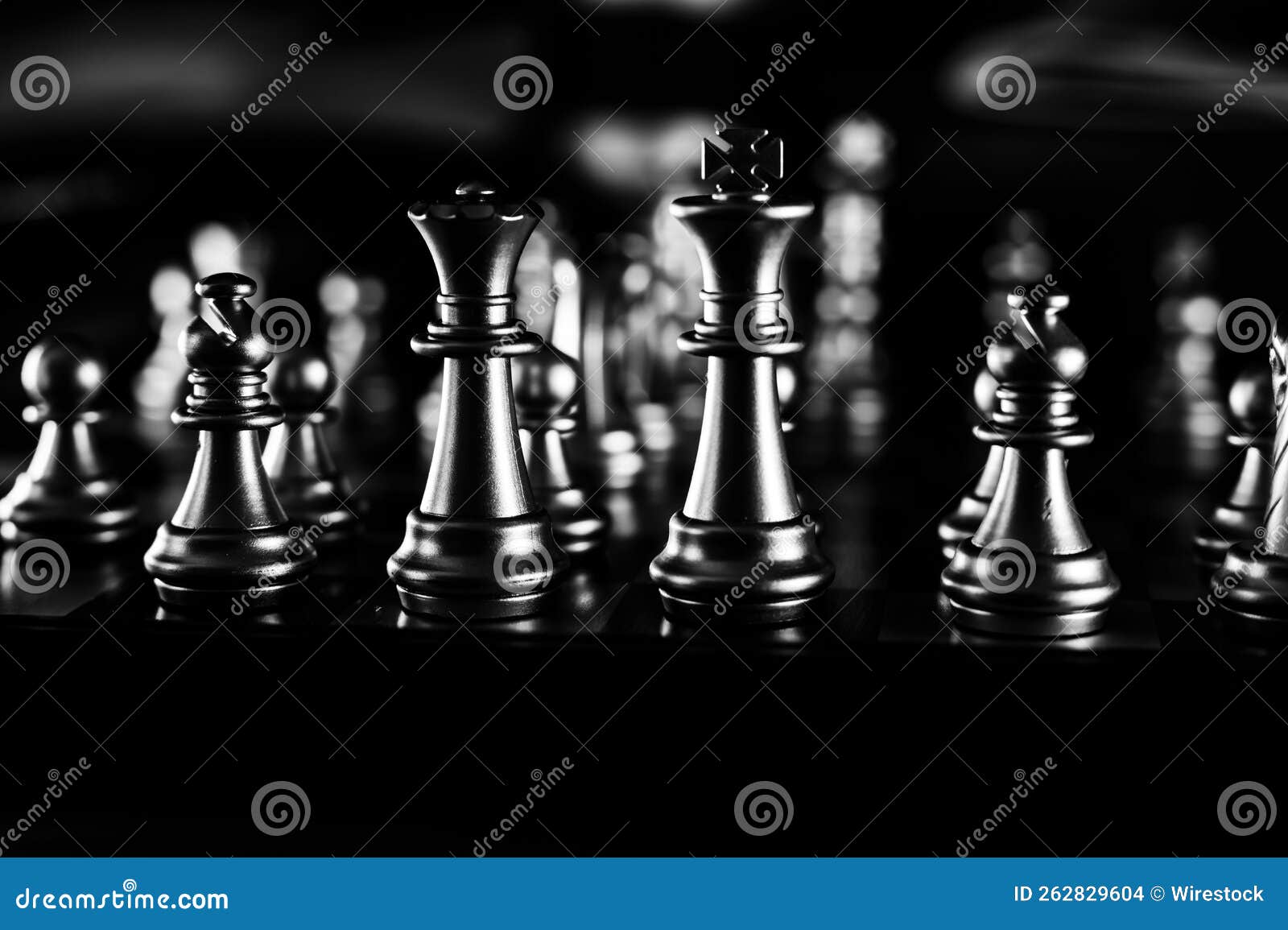 Grayscale Shot of a Chess Board with the Pieces Lined on Top Stock ...