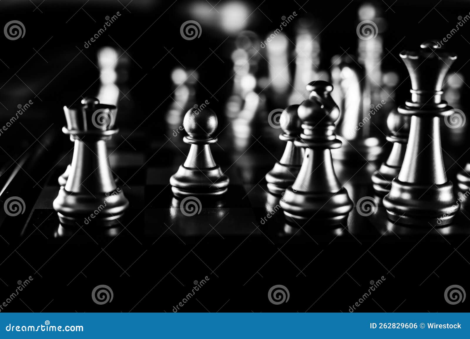 Grayscale Shot of a Chess Board with the Pieces Lined on Top Stock ...
