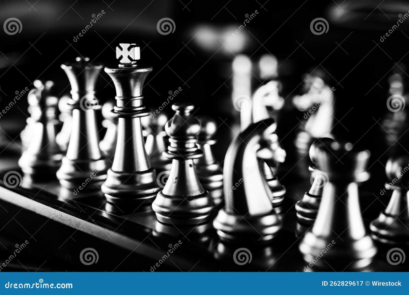 Grayscale Shot of a Chess Board with the Pieces Lined on Top Stock ...