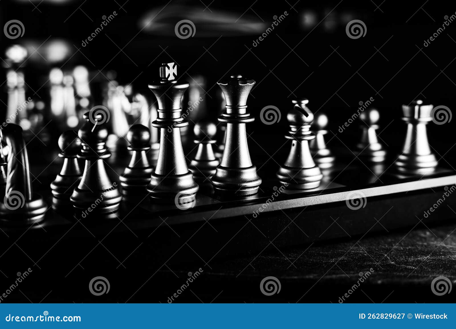 Grayscale Shot of a Chess Board with the Pieces Lined on Top Stock ...
