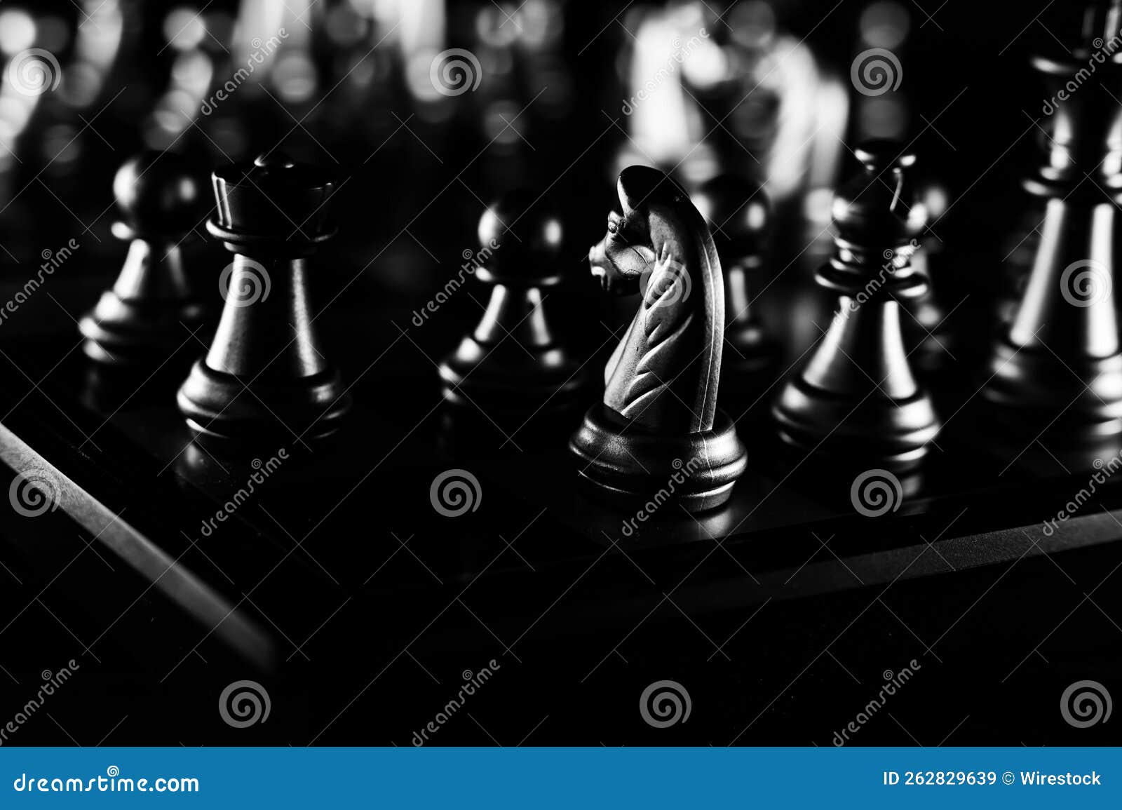 Grayscale Shot of a Chess Board with the Pieces Lined on Top Stock ...