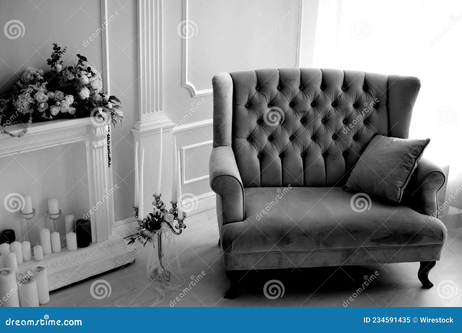 Grayscale Shot of Classically Styled Interior. Stock Image - Image of ...