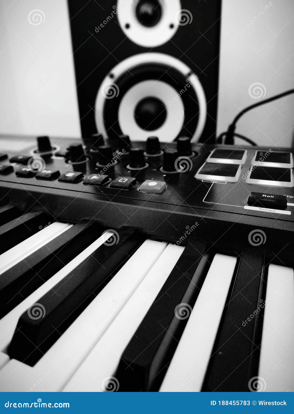 Grayscale Shot of a Digital Keyboard and Knob Controllers Stock Image ...