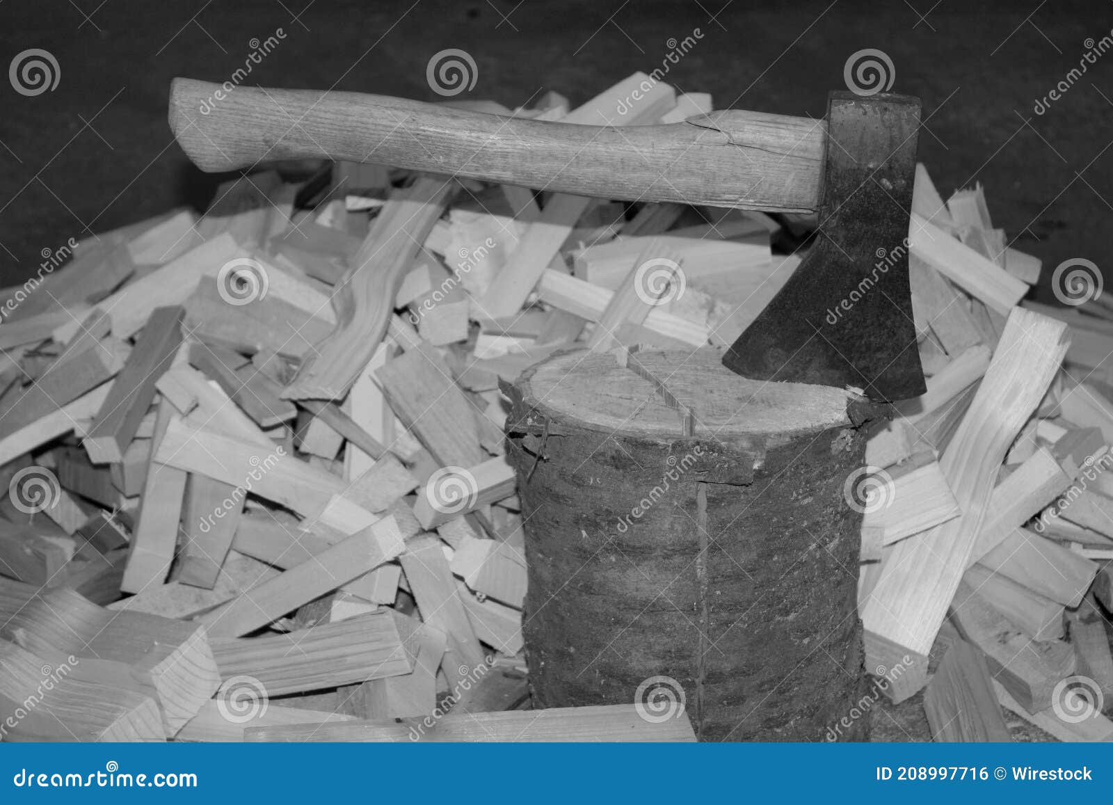 Grayscale Shot of a Pile of Wood Chopped with an Ax Stock Photo - Image ...