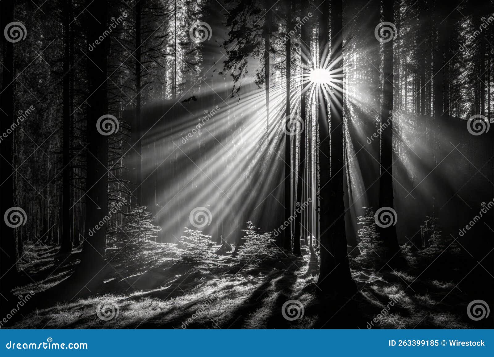 Grayscale Shot of Sun Rays Shining through Trees in a Forest Stock ...