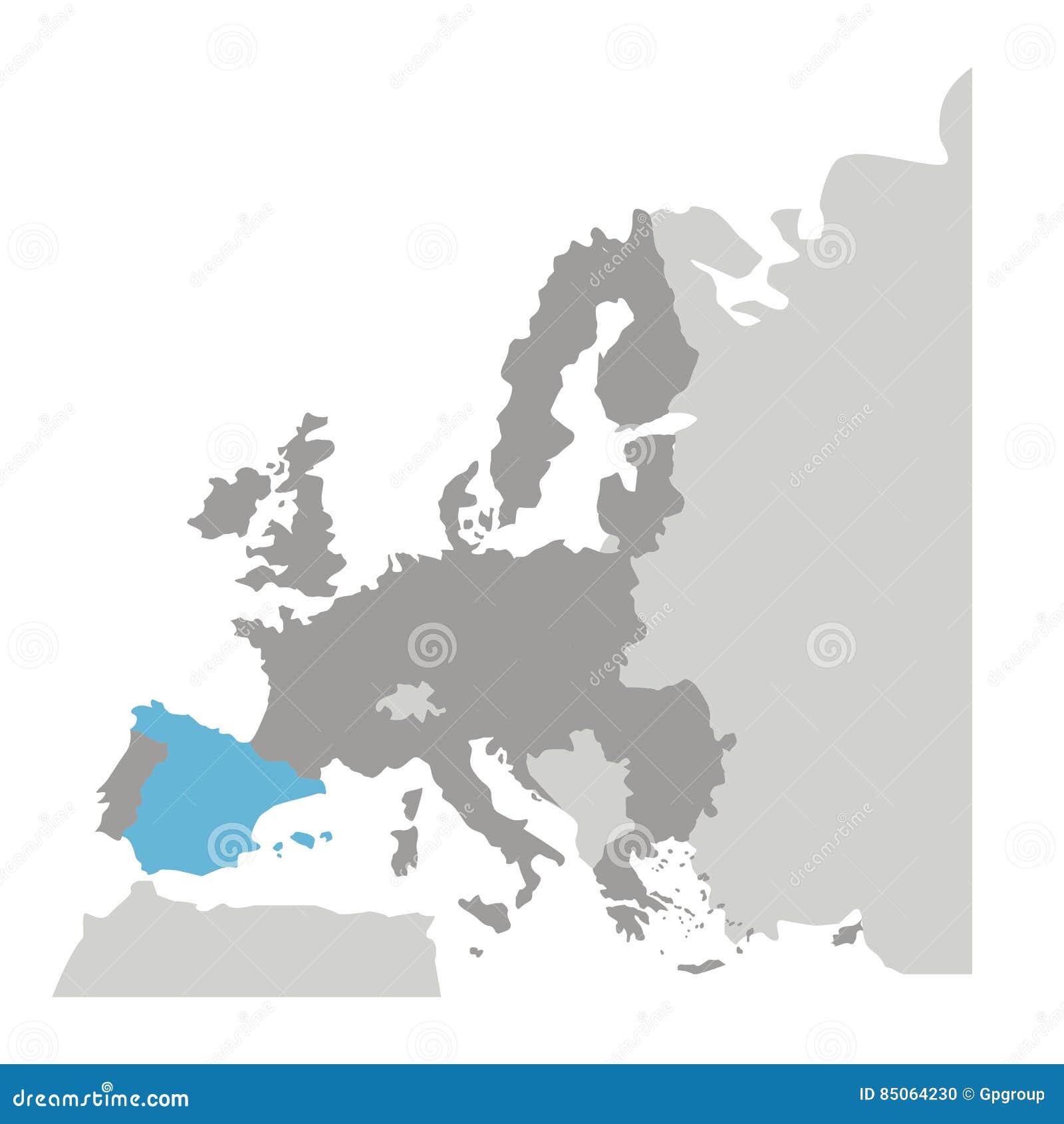 Grayscale Silhouette with Europe Map and Spain in Blue Color Stock ...