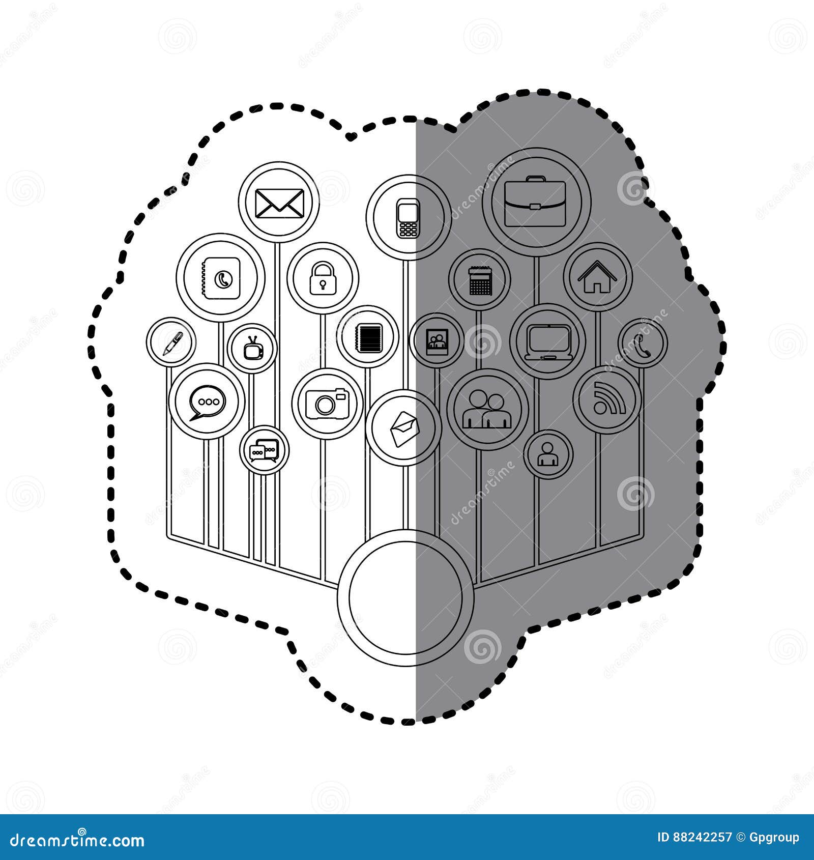Grayscale Sticker with Tech Icons Network Stock Illustration ...