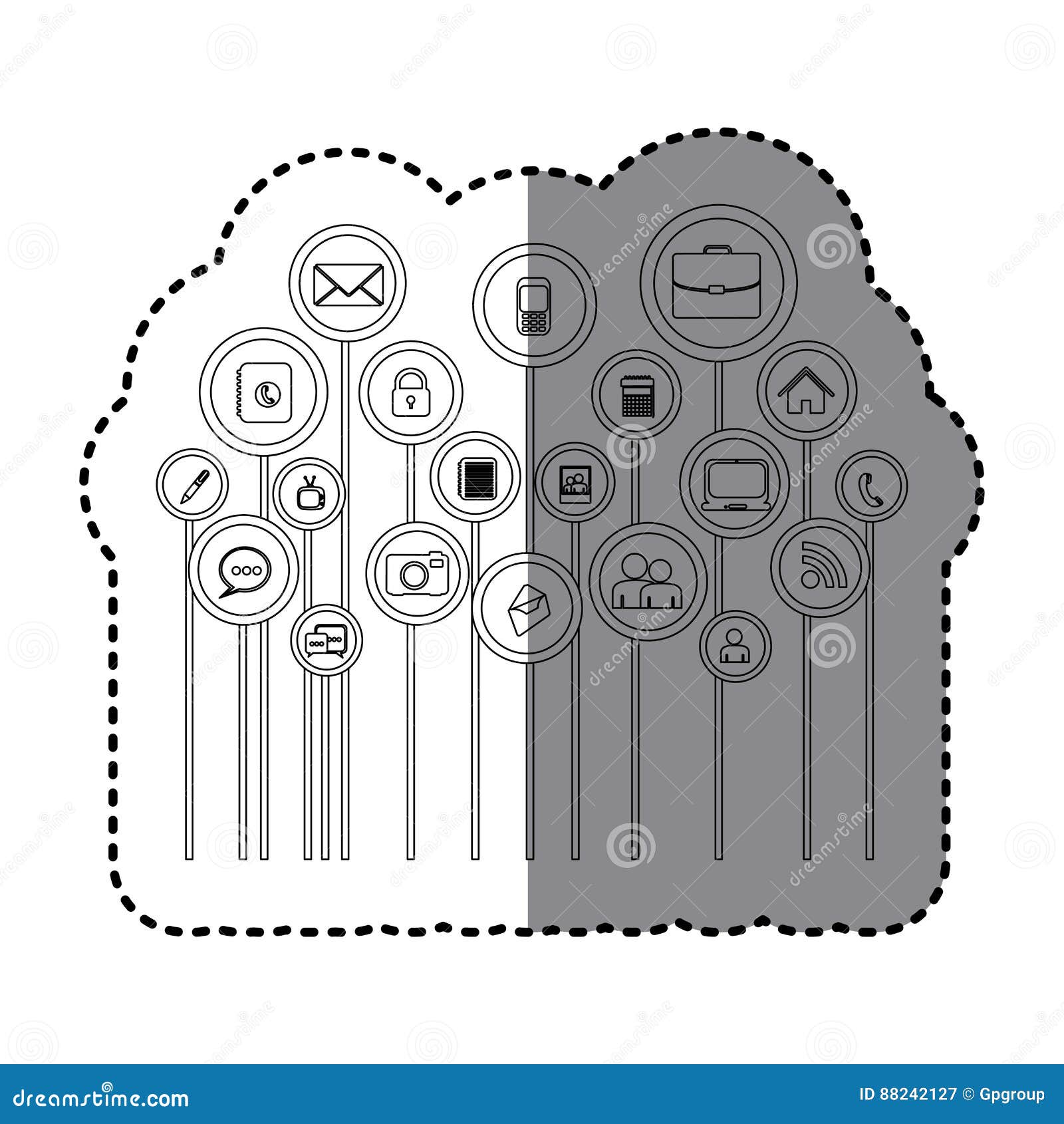 Grayscale Sticker with Tech Icons Online Stock Illustration ...
