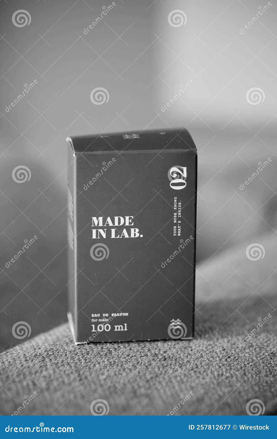 Grayscale Vertical Shot of a Made in Lab Men Perfume in a Box Editorial ...