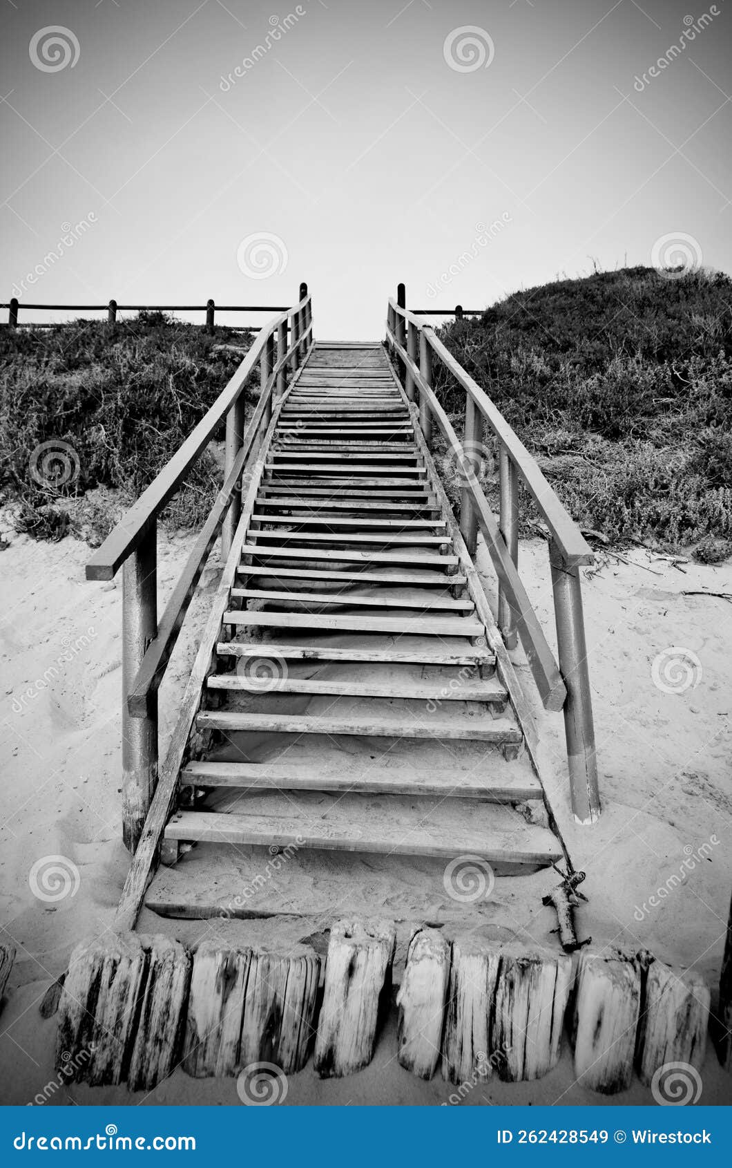 Grayscale View of a Sandy Beach with Stairs Stock Image - Image of ...