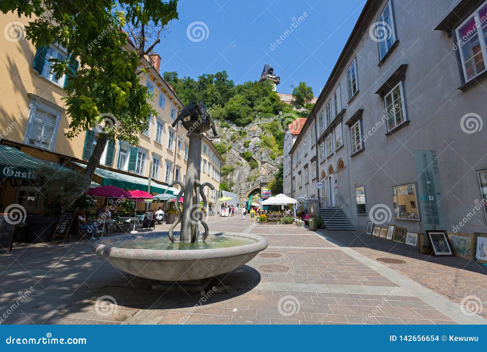 Fountain on Schlossbergplatz with Background of Staircase To ... Fountain on Schlossbergplatz with Background of Staircase To ...