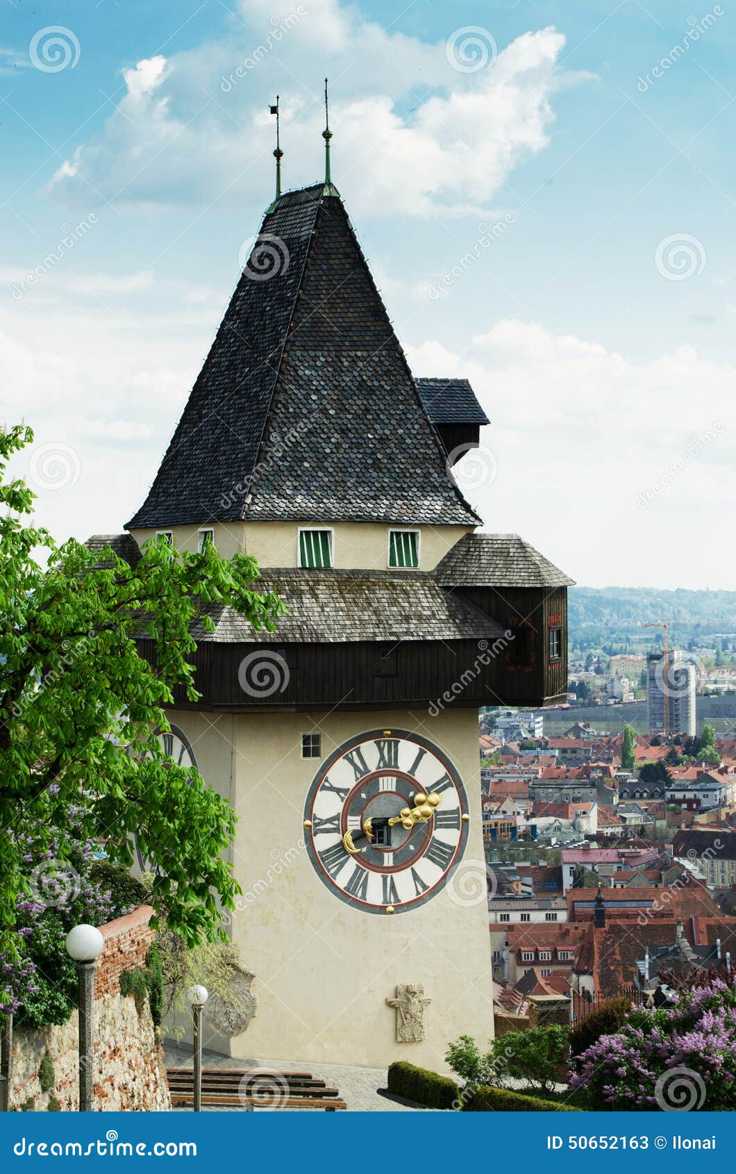 Graz clock tower Uhrturm stock image. Image of horizon - 50652163