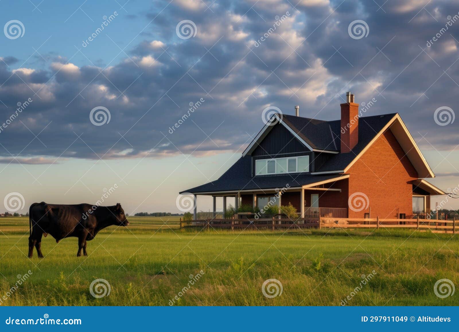 Grazing Cow Next To Prairie House with Central Chimney Stock Image ...