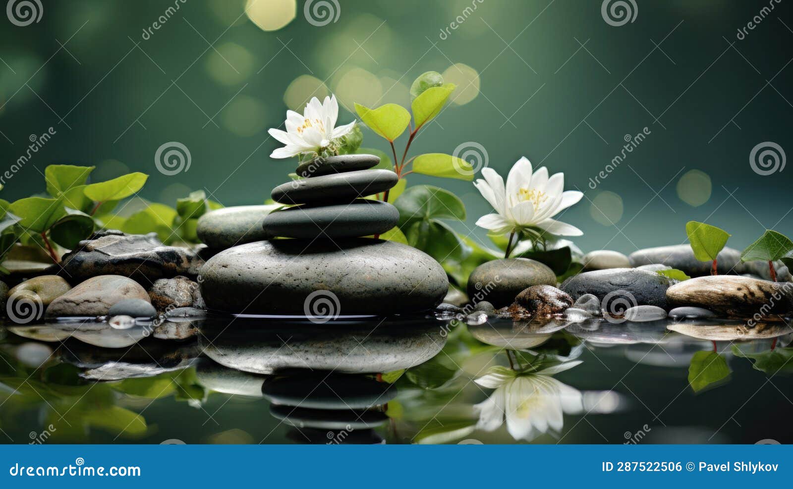 Grean Leaves Over Zen Stones Pyramid on Water Surface Stock Photo ...