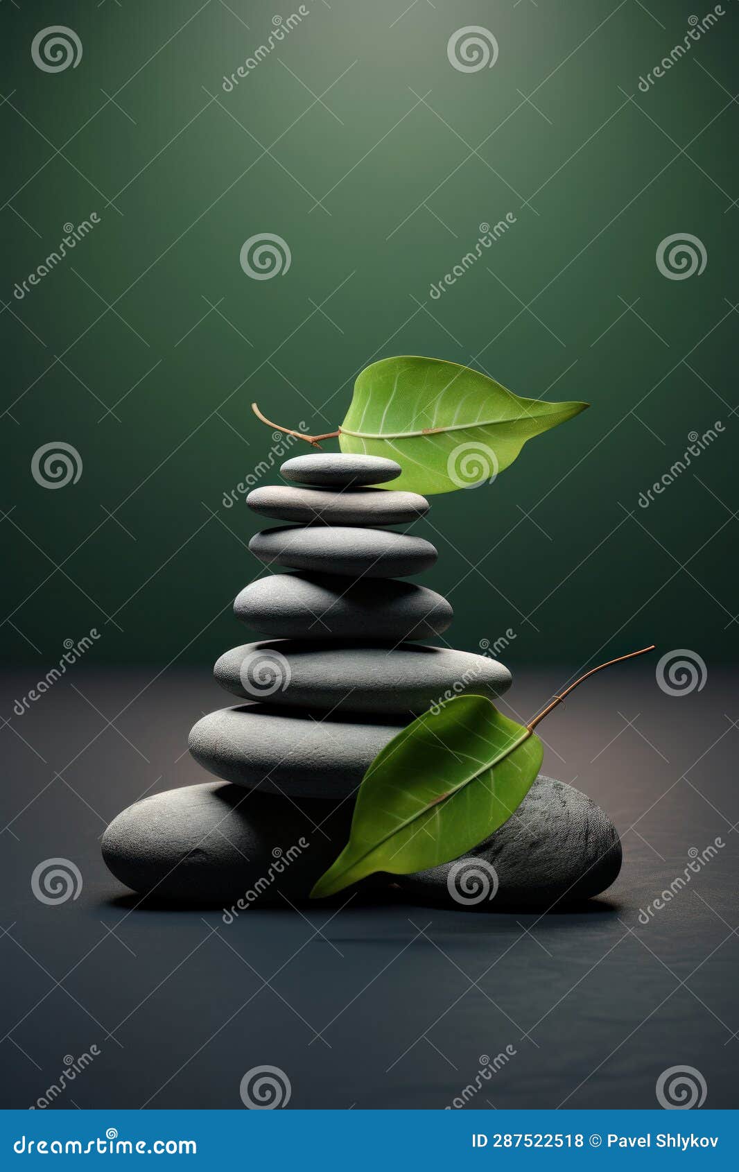 Grean Leaves Over Zen Stones Pyramid on Water Surface Stock Photo ...