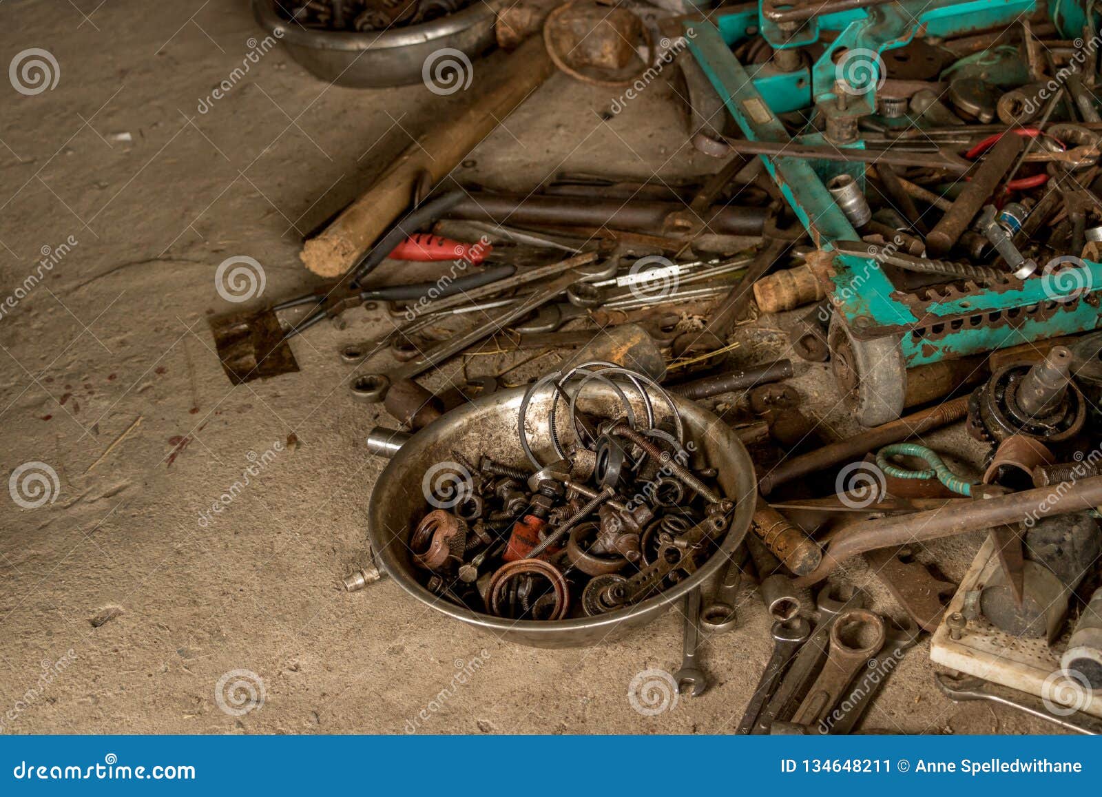 Greasy Tools on Dirty Concrete Floor - Vintage Oily Toolbox Stock Image ...
