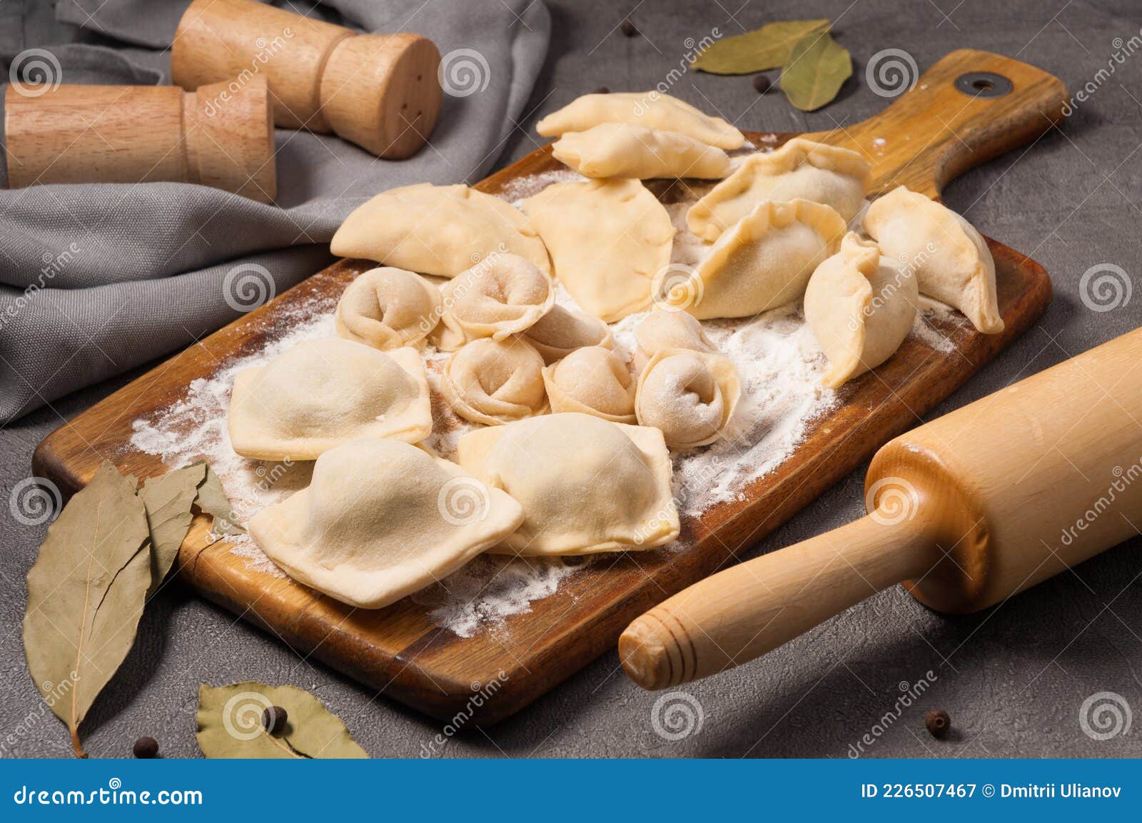 Great Assorted Dumplings on a Wooden Board Stock Image - Image of ...