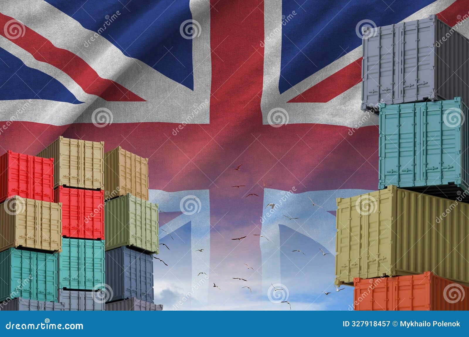 Great Britain Flag and Big Stack of Shipping Cargo Containers in Docks ...
