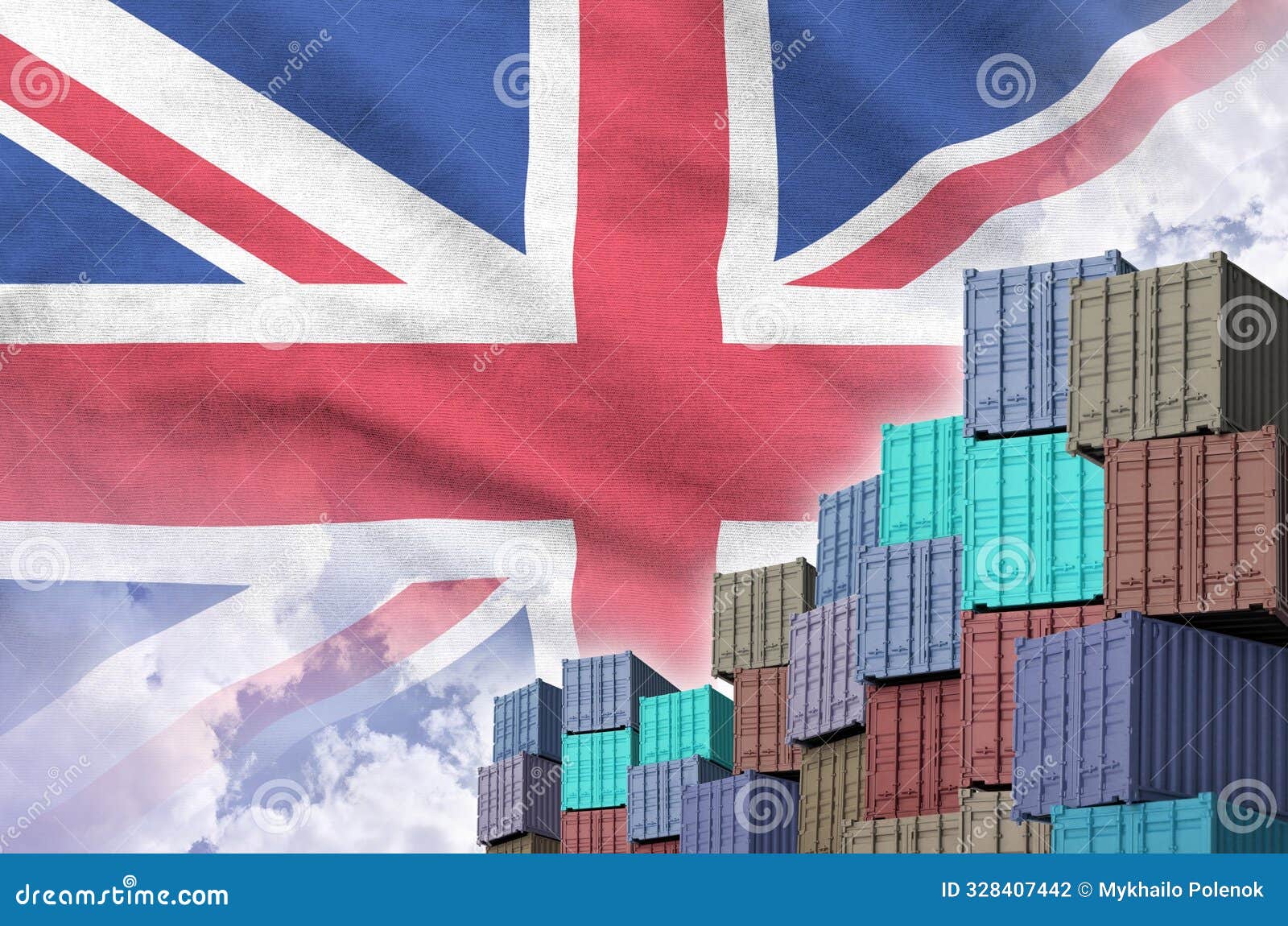 Great Britain Flag and Big Stack of Shipping Cargo Containers in Docks ...