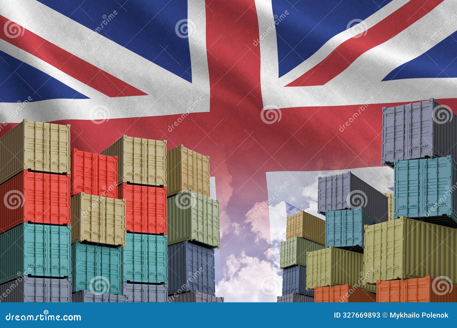 Great Britain Flag and Big Stack of Shipping Cargo Containers in Docks ...