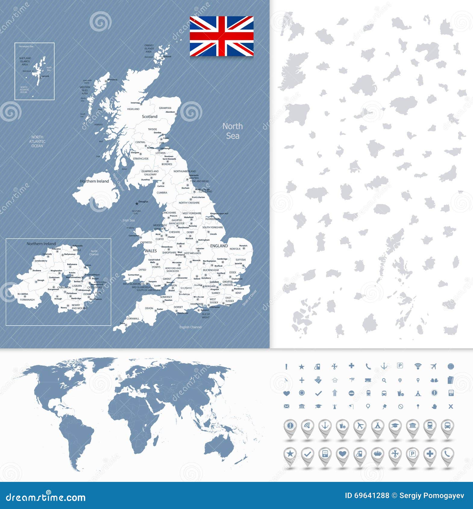 Great Britain Highly Detailed Map and World Map Navigation Set Stock ...