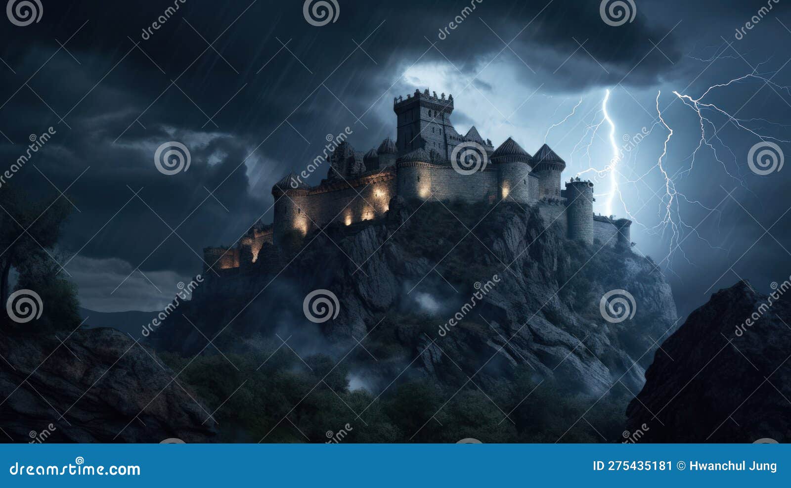 Great Castle Dark with Strong Rays and Lightning. Generative AI. Stock ...