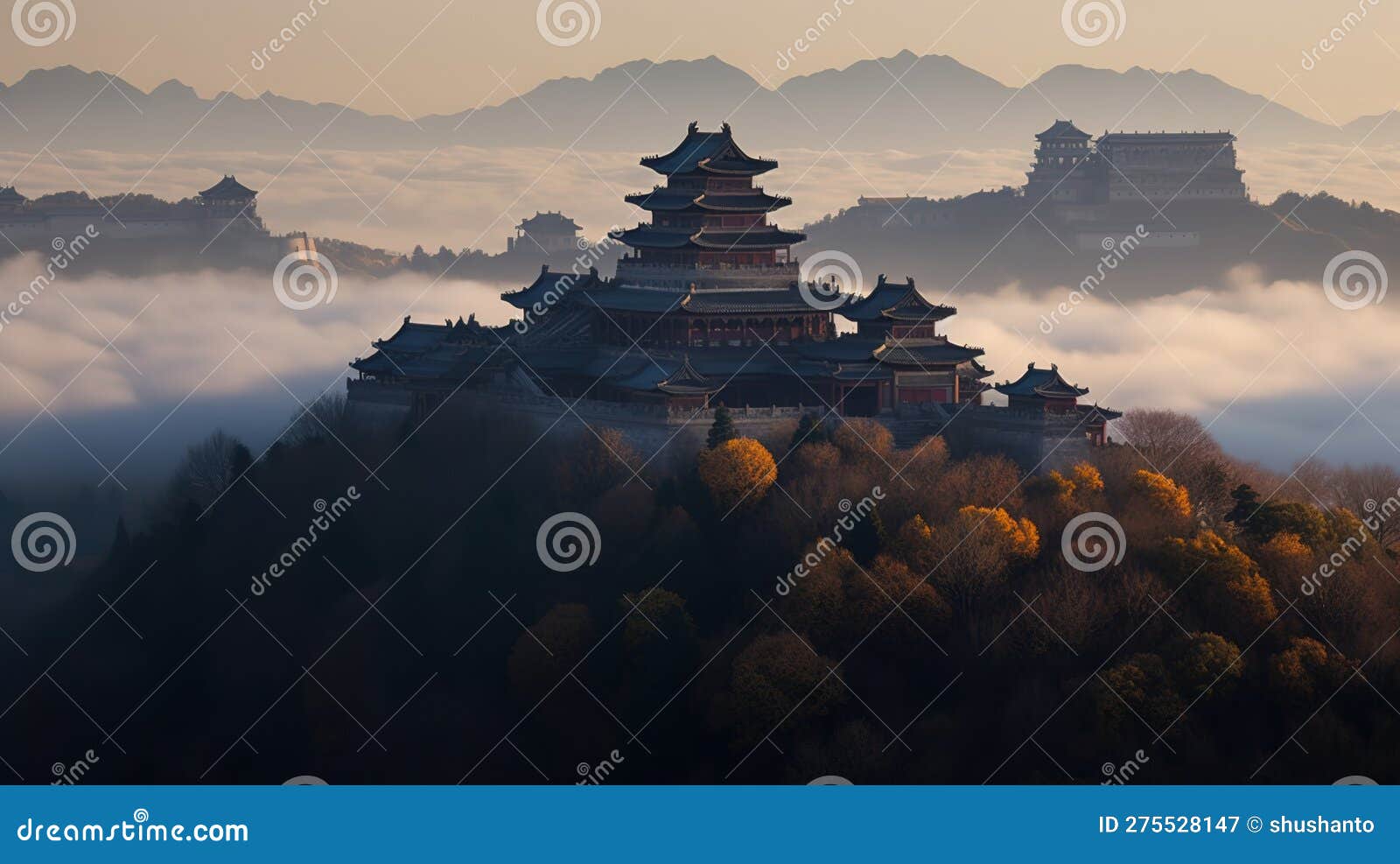 A Great Chinese Palace is Above Clouds, Distant Waterfalls Flow Down ... A Great Chinese Palace is Above Clouds, Distant Waterfalls Flow Down ...