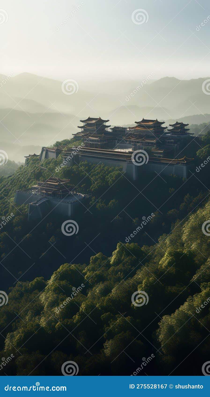 A Great Chinese Palace is Above Clouds, Distant Waterfalls Flow Down ... A Great Chinese Palace is Above Clouds, Distant Waterfalls Flow Down ...